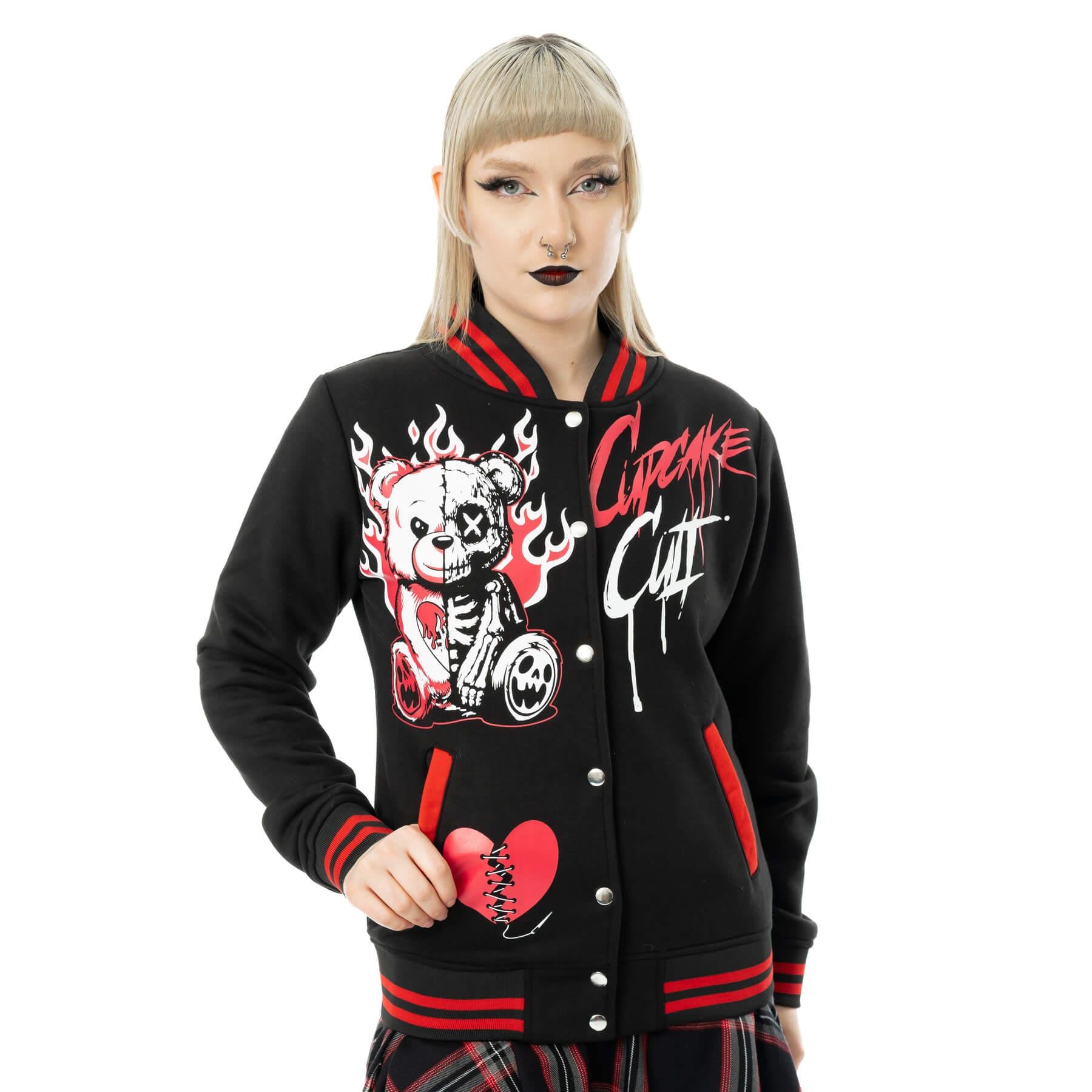 CUPCAKE CULT HEARTBREAK BEAR VARSITY JACKET - BLACK/RED – Osiris Gothic